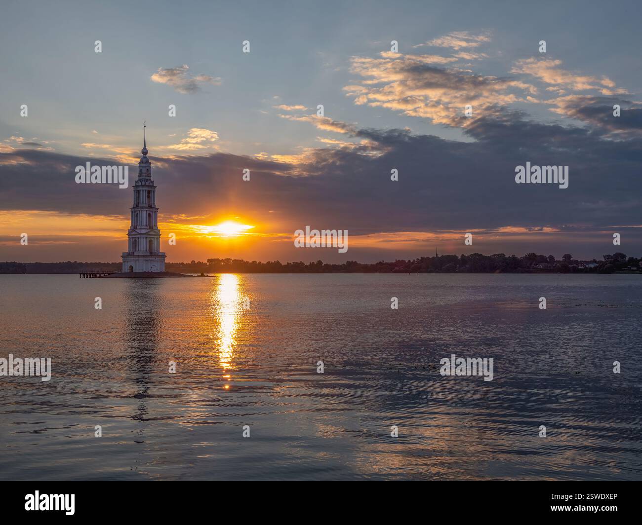 Stunning sunrise over the bell tower on the island, Volga river Stock ...