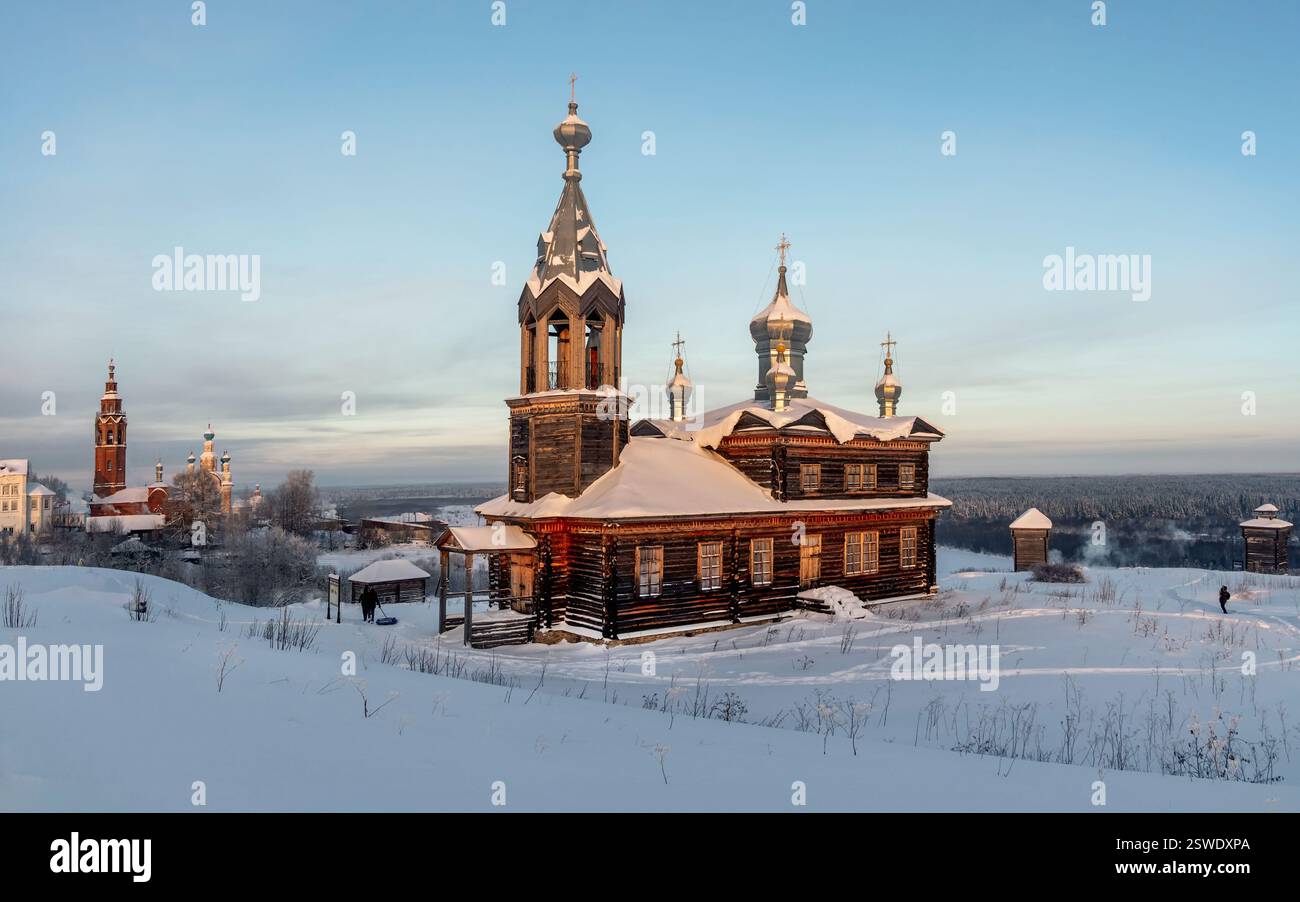 Frosty dawn over an ancient wooden temple Stock Photo - Alamy