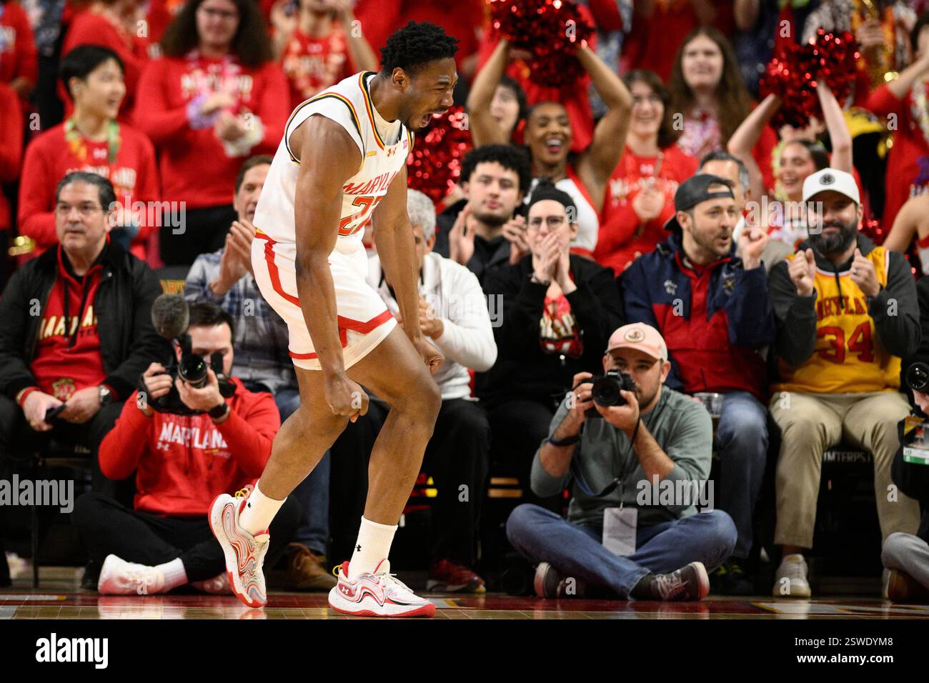 Maryland forward Jordan Geronimo (22) reacts after scoring a basket during the first half of an ...