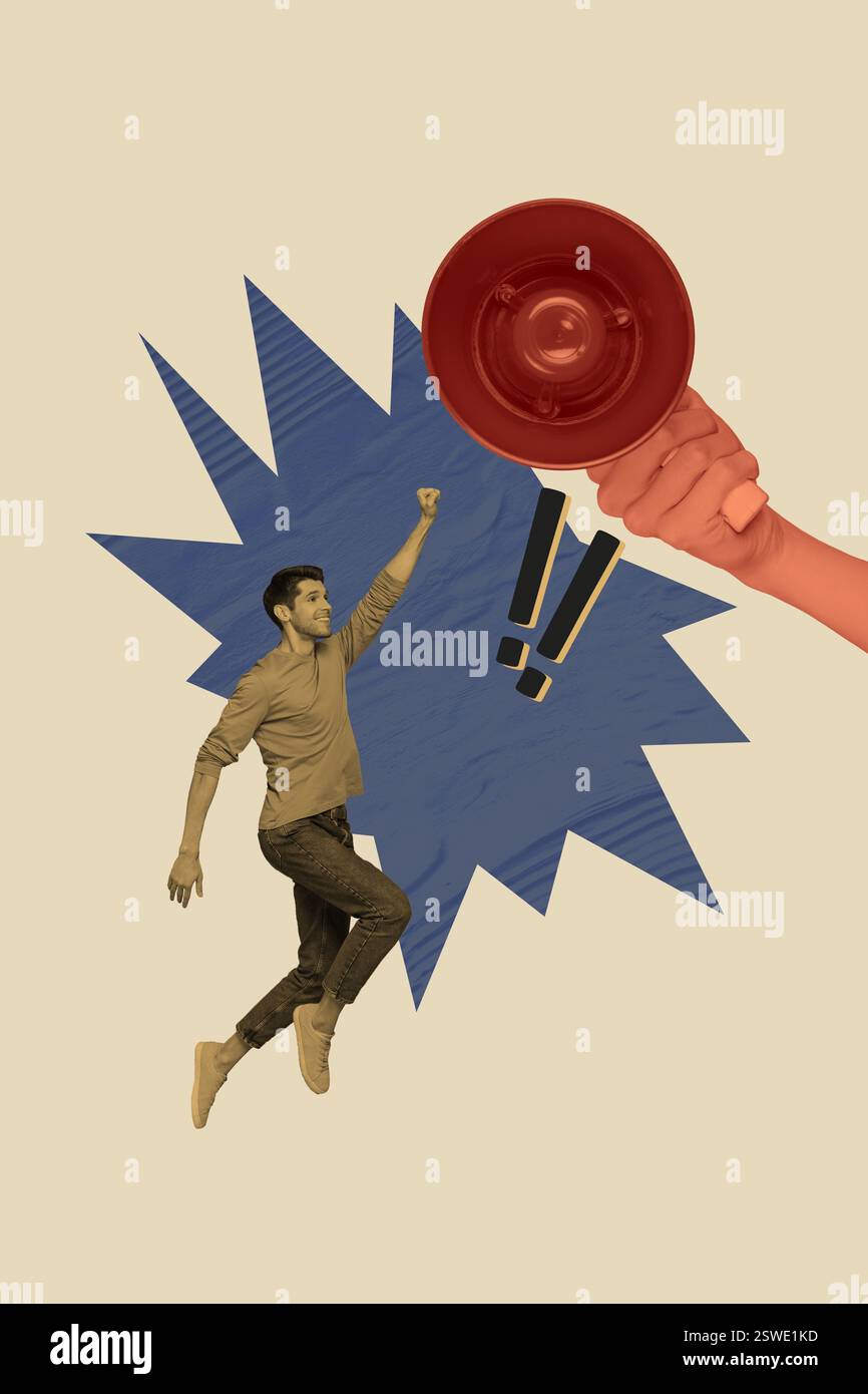 3D collage trend artwork composite sketch poster of young man jump up ...