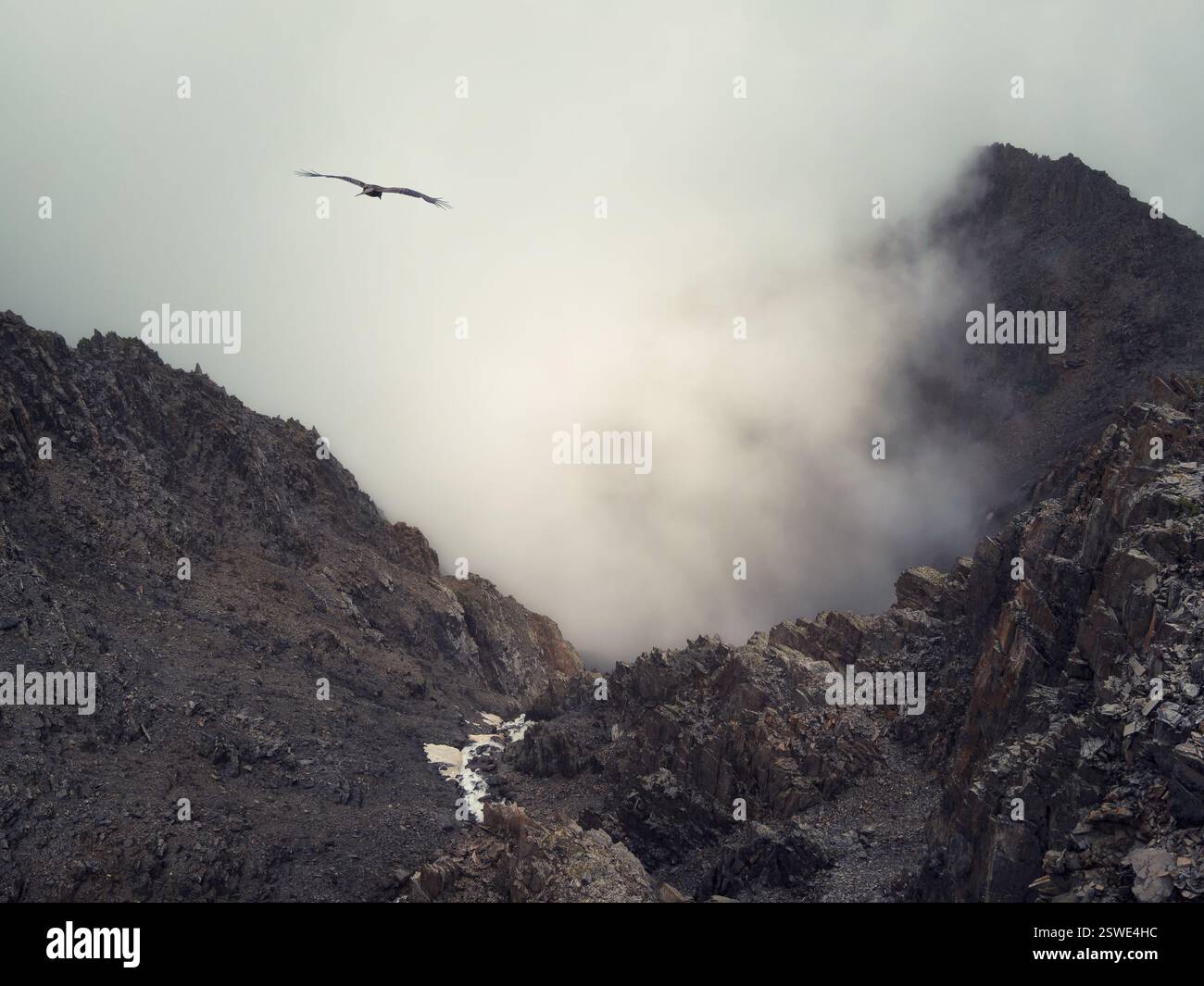 Horror mountain shadows. Dramatic fog among giant rocky mountains ...