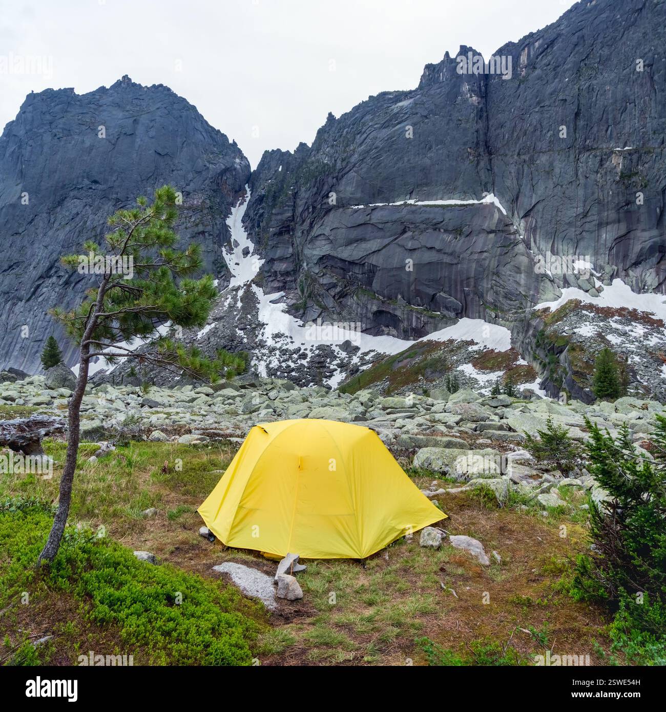 Summer camping in mountain. Bright alpine landscape with yellow tent at ...