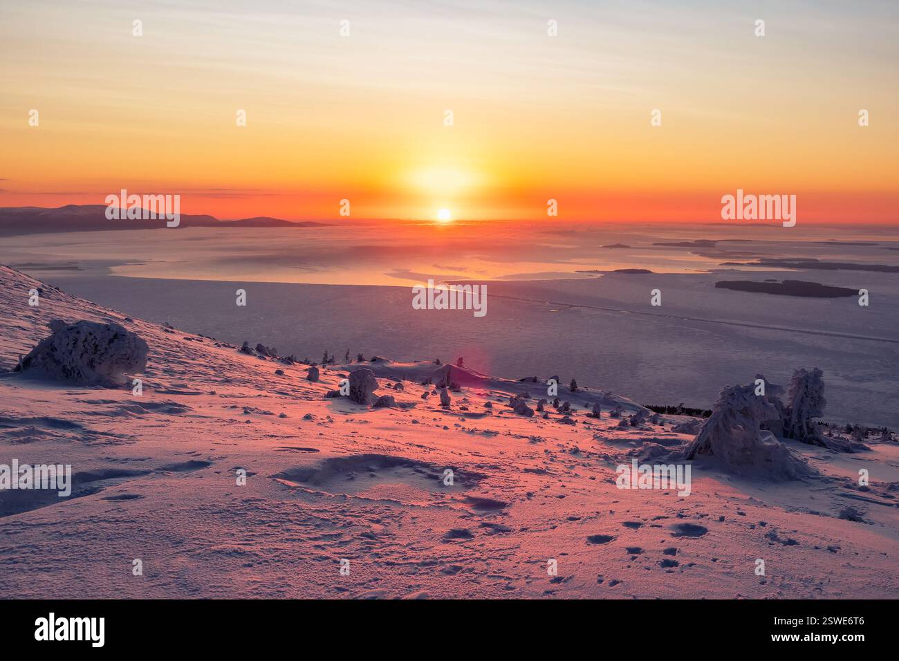 Beautiful Arctic sunset. Panoramic scenic colorful sky at dawn. Aerial ...