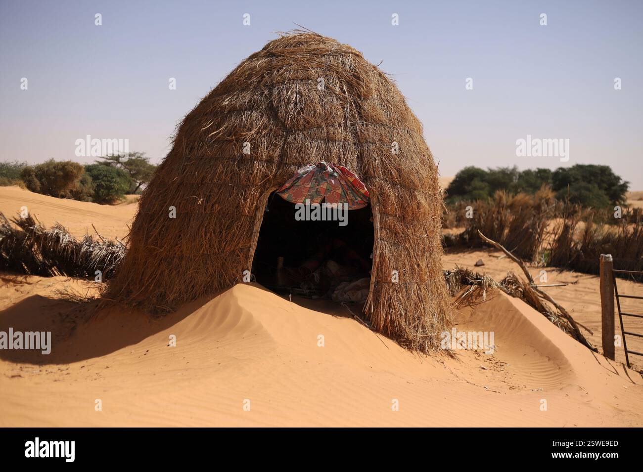 A hut is surrounded by sand in Chinguetti, Mauritania on Feb. 4, 2025 ...
