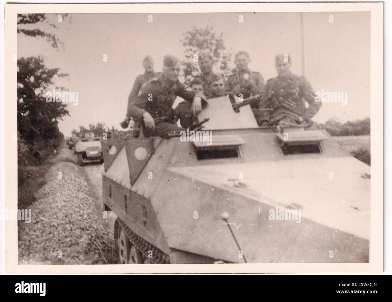World War Two B&W photo German Troops ride in a Halftrack prior to D ...