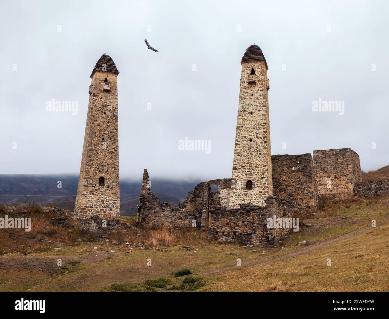 Battle towers Erzi in the Jeyrah gorge. Medieval tower complex Erzi ...