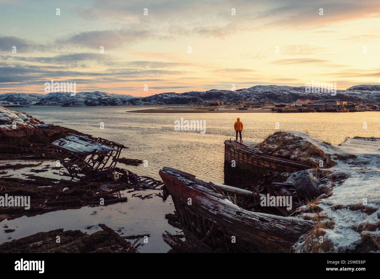 Graveyard of ships, winter sunset view in an old fishing village on the ...