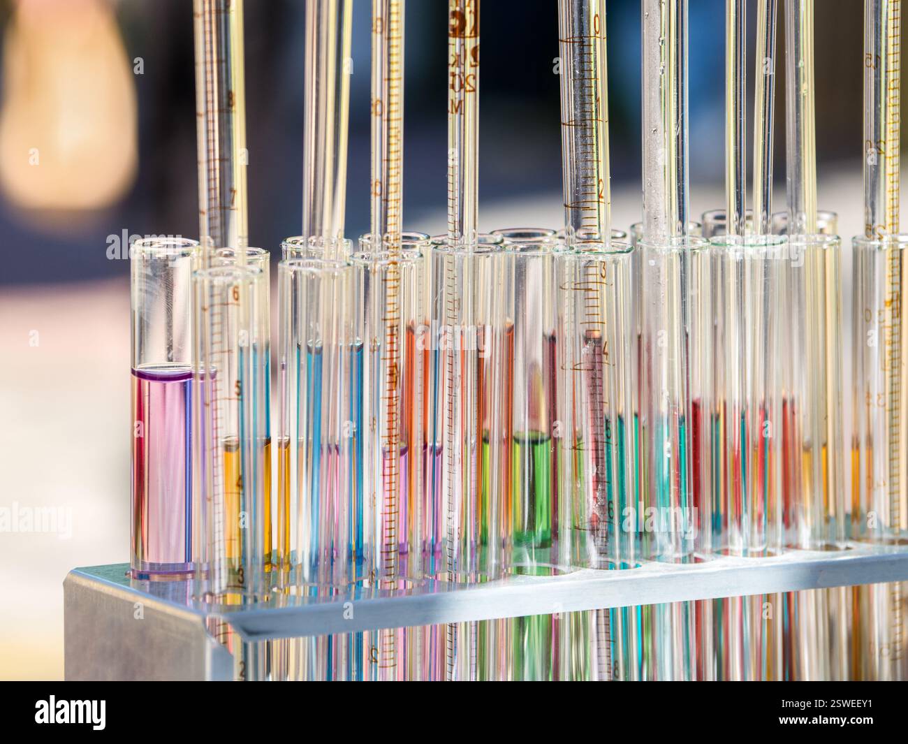 Test tubes with a colored reagents. Tests for the determination of ...