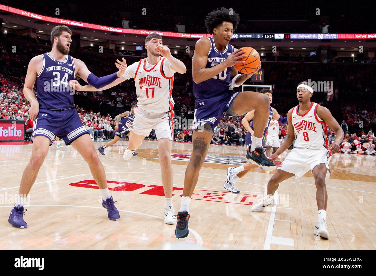 Columbus, Ohio, USA. 20th Feb, 2025. Northwestern Wildcats guard Justin ...