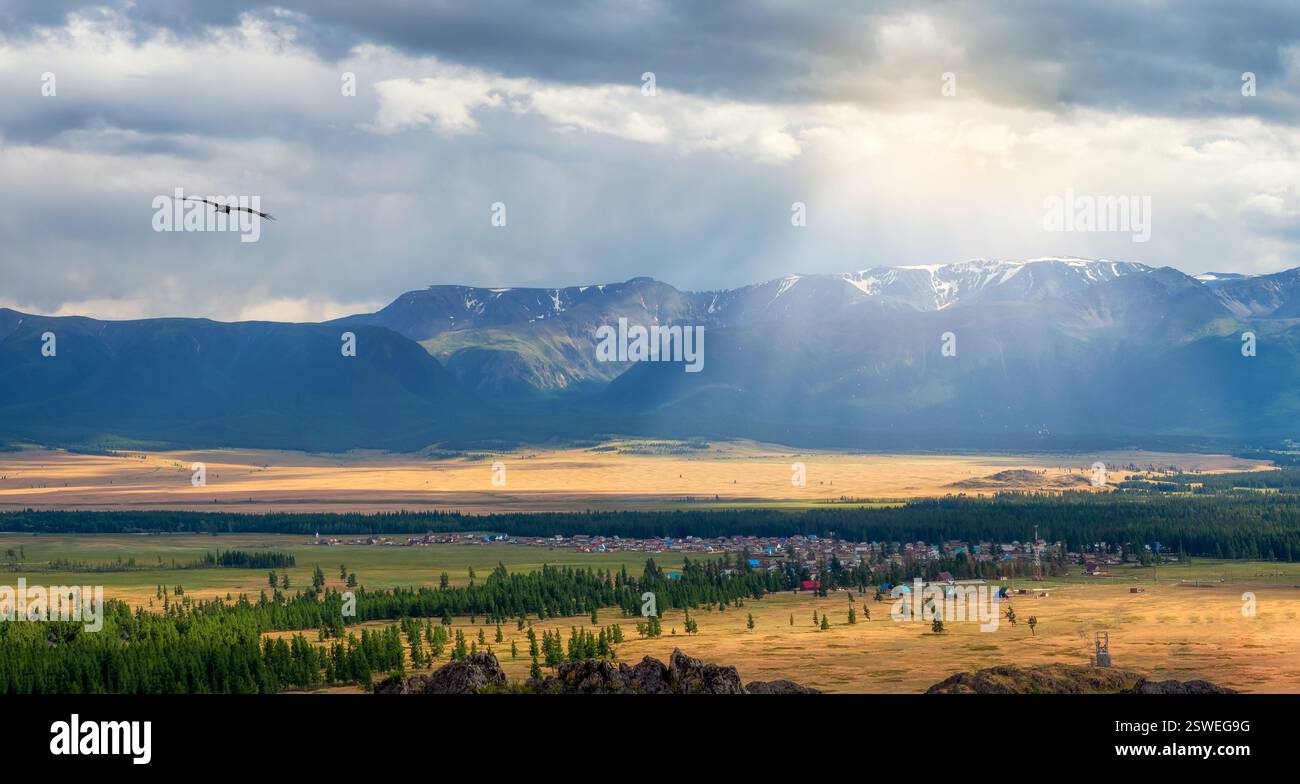 Altai village of Kurai. Wide panoramic view of the Kurai steppe in the ...