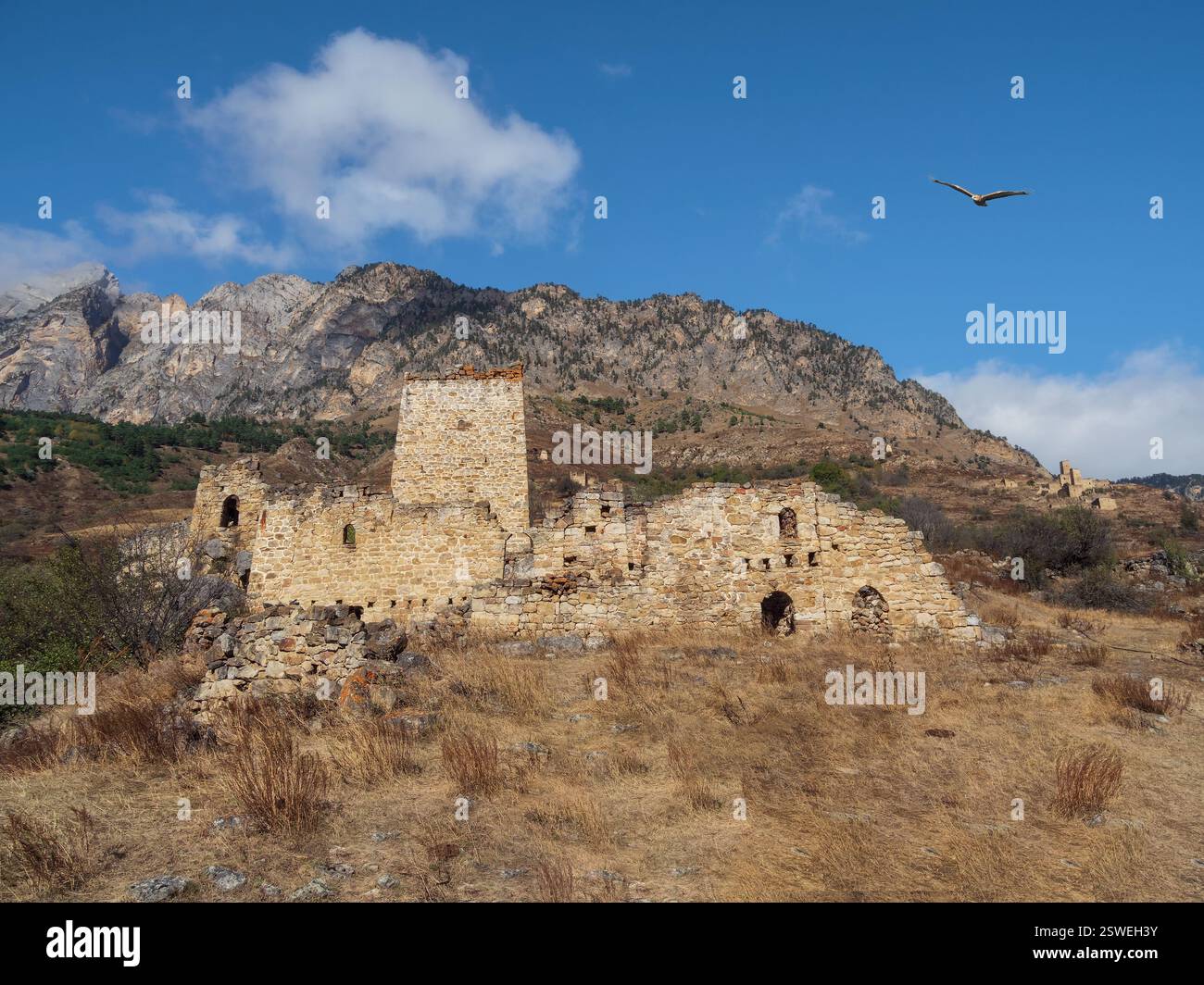 Autumn view of old Egical towers complex, one of the largest medieval ...