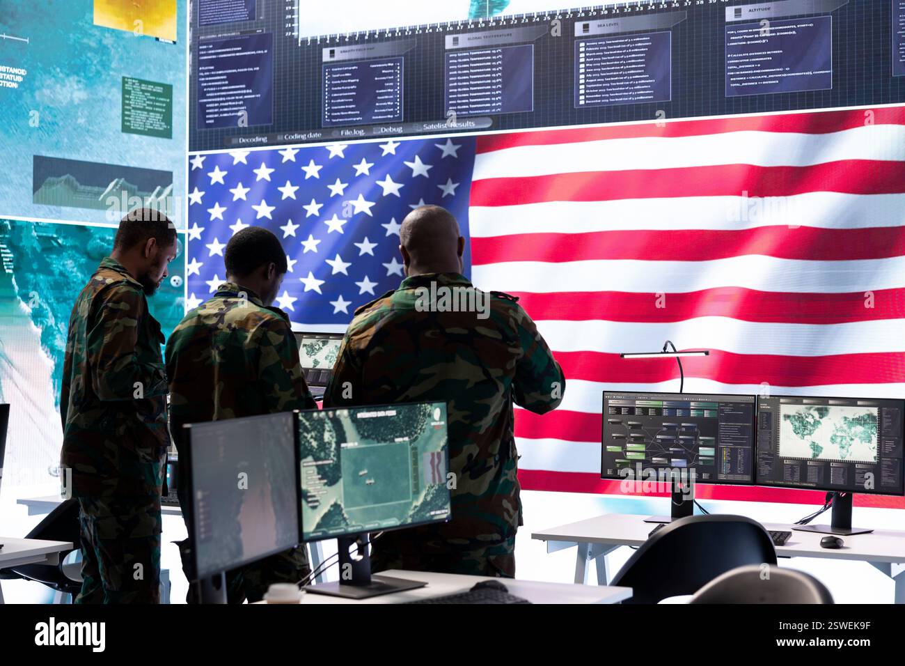 American military intelligence officers in a command center monitoring ...