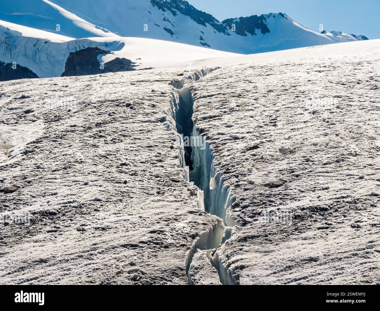 Big crack on the glacier. Fault in a glacier, a dangerous crack in the ...