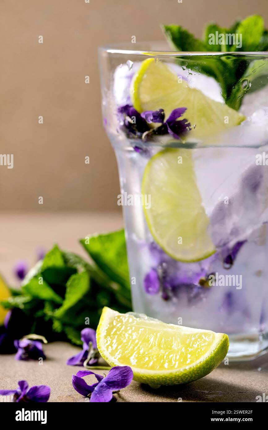 Transparent glass of floral lemonade soda cocktail with mint hi-res ...