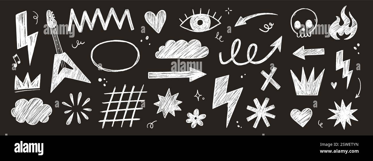 Hand drawn rock punk music star grunge tattoo doodle icon element set ...