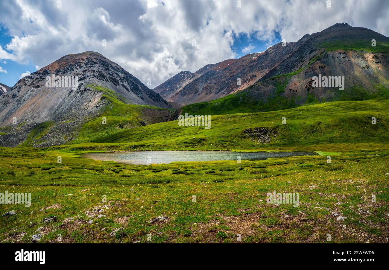 Panoramic alpine landscape with beautiful shallow mountain lake with ...