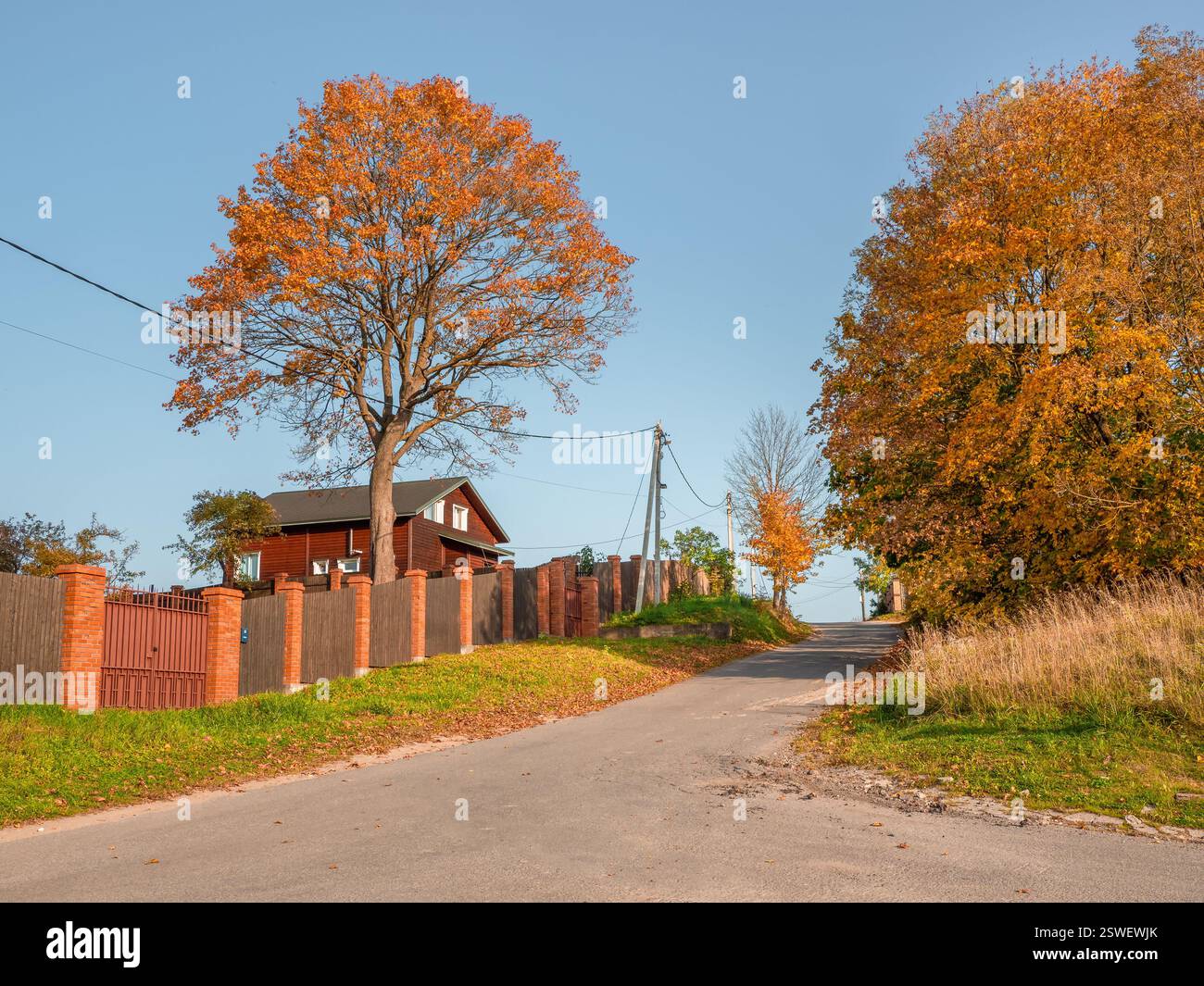 An empty village autumn road with a house behind a fence Stock Photo ...