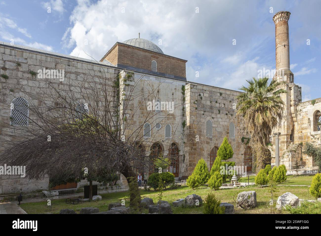 Isabey Mosque, inner courtyard with minaret, Selcuk, Lycia, Turkey ...