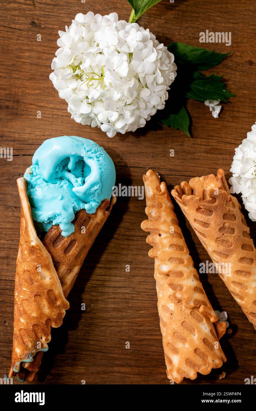 Turquoise ice cream in waffle cones Stock Photo - Alamy