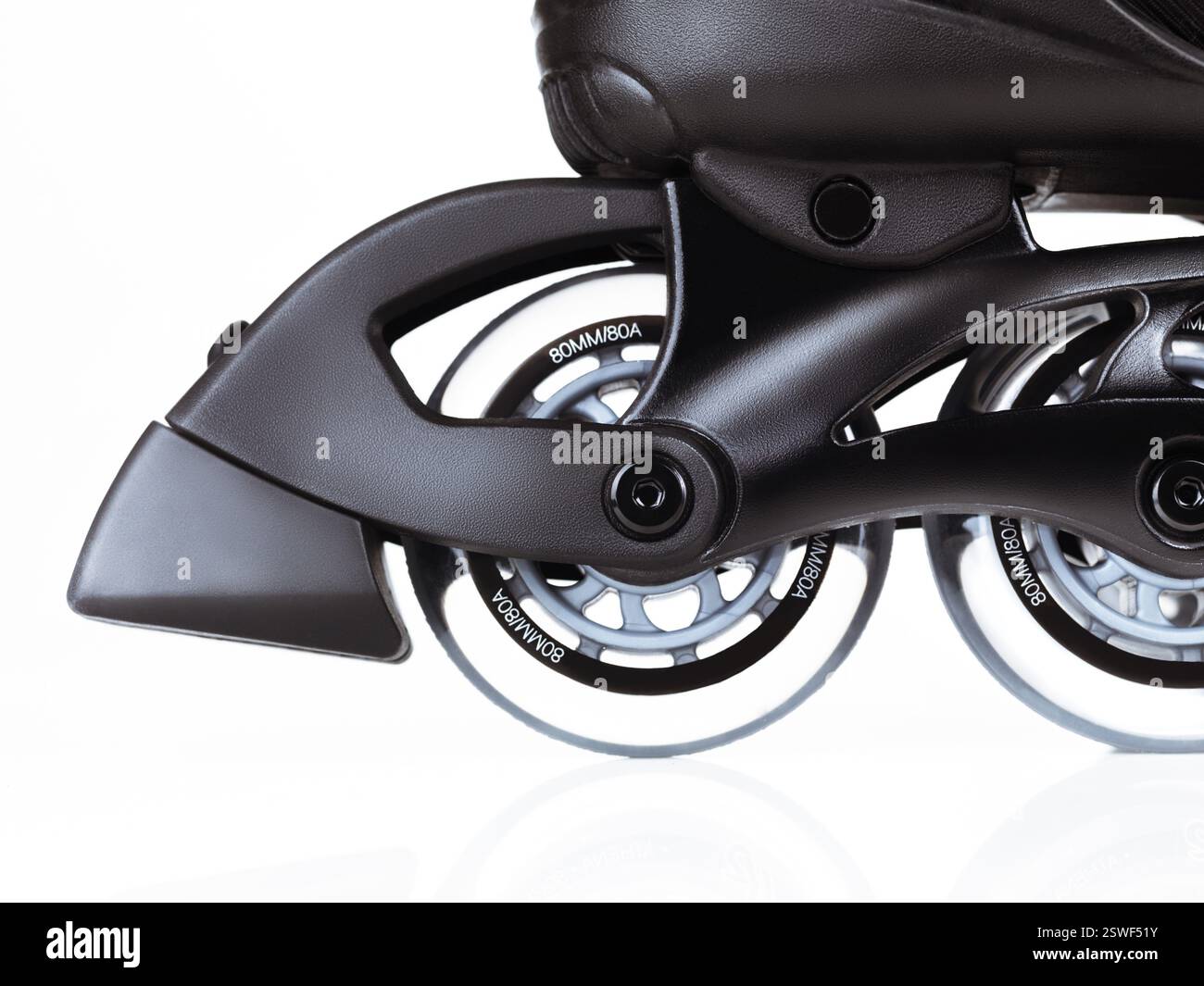 Closeup of inline skate wheels and break detail still life isolated on ...