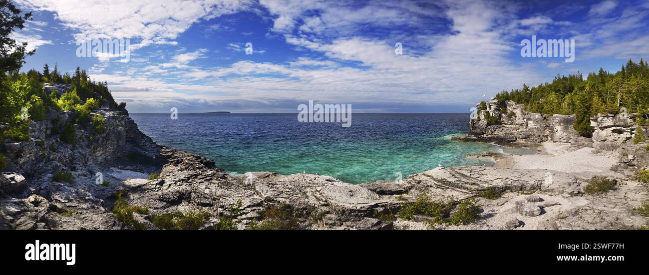Panoramic scenery of a rocky beach of Georgian Bay, lake Huron at Bruce ...