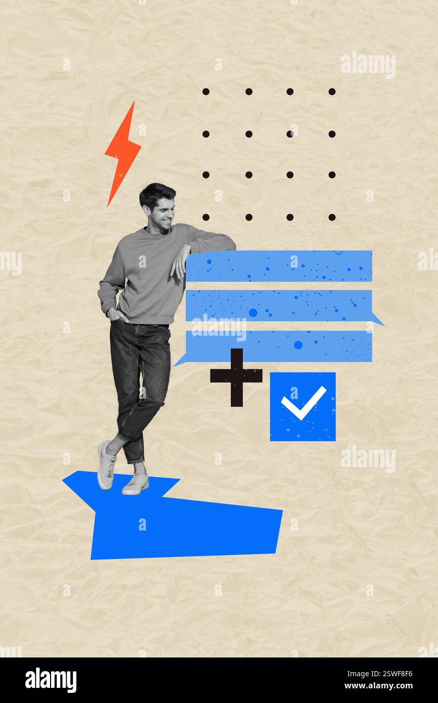 Art image vertical photo collage of happy man stand notification icon ...