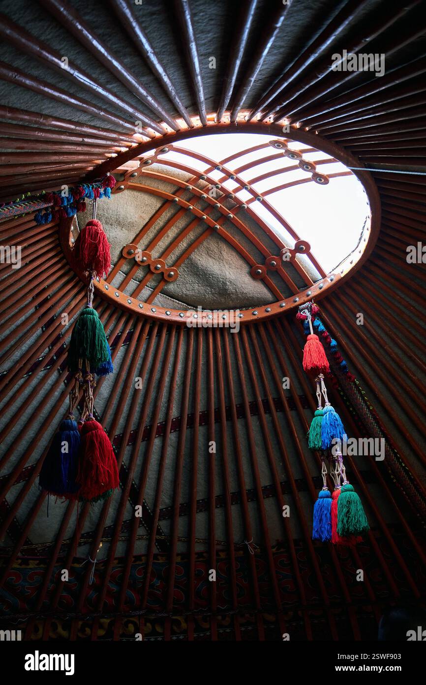 tunduk, upper part of kyrgyz yurt, view from inside. National symbol of ...