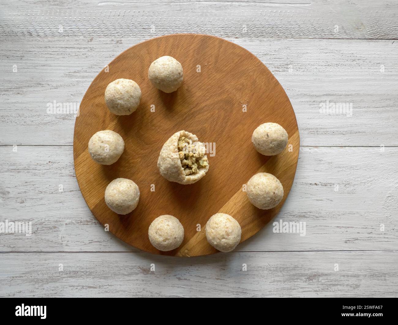 Cooking of Arabic meat appetizer Kibbeh. Traditional Arabic kibbeh with ...