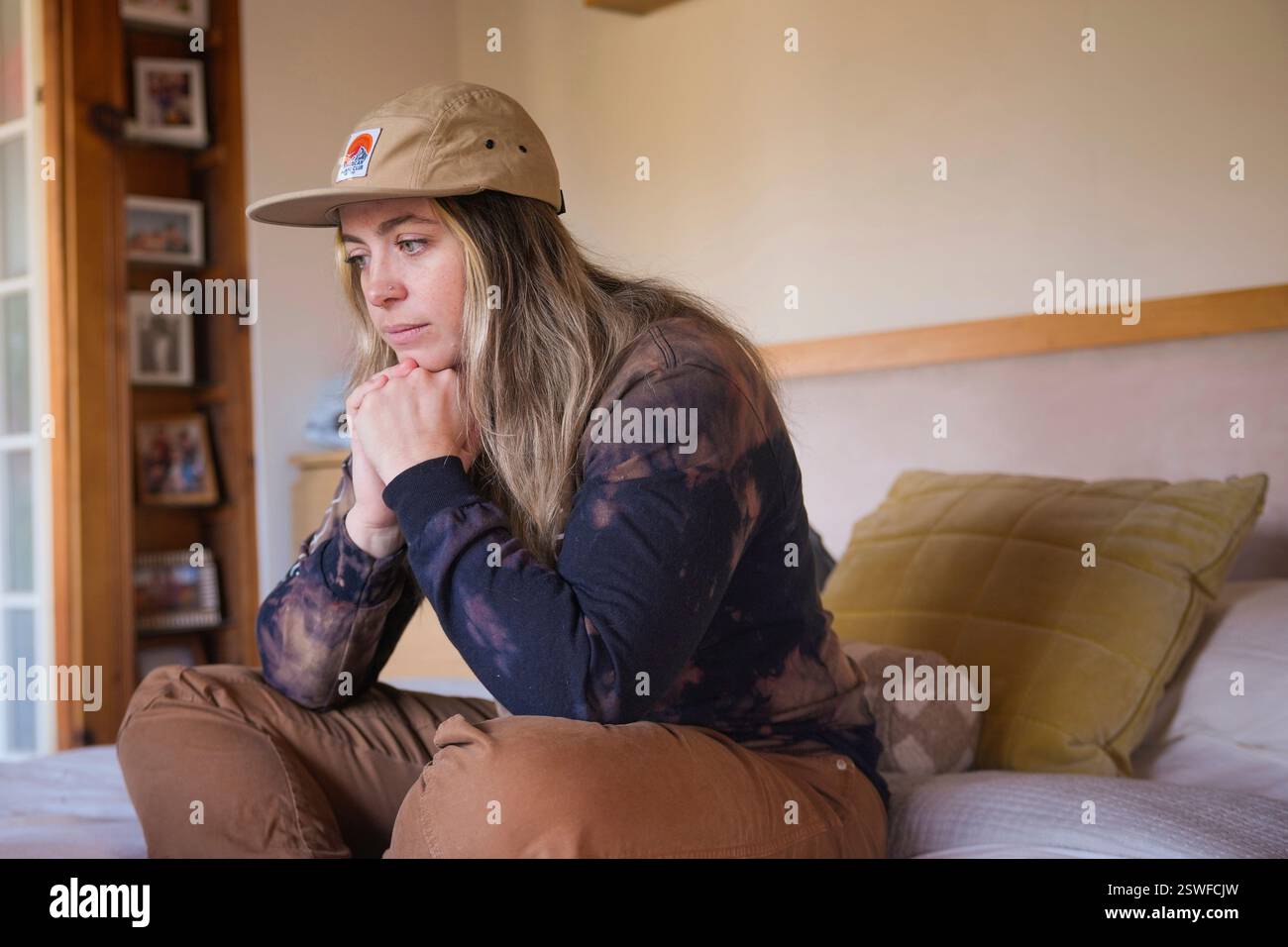 Displaced tenant Heather McAlpine, who lost her Altadena studio in the Eaton fire, pauses after ...