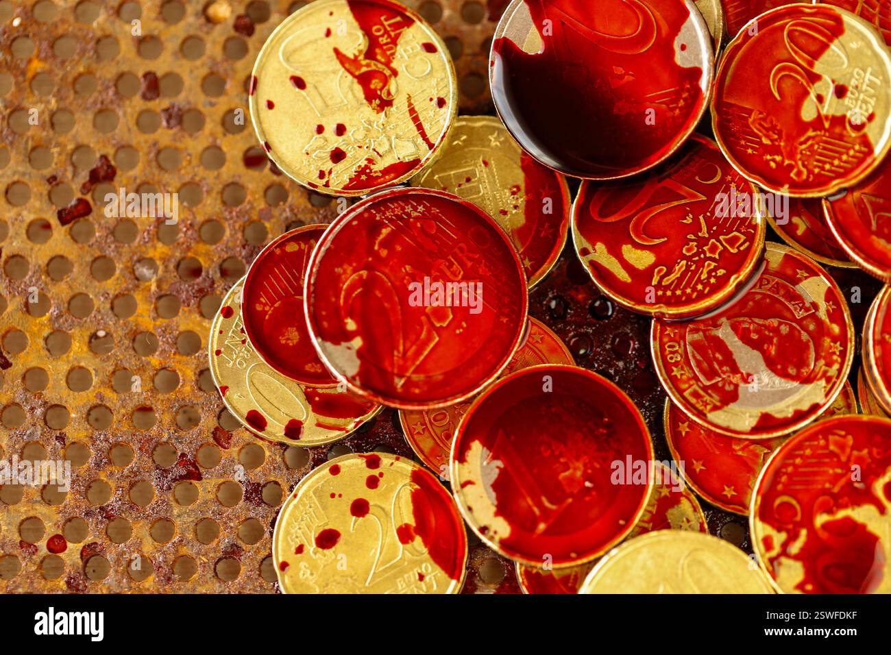 Bloody money background.Drops of red blood and shiny euro money.Symbol ...