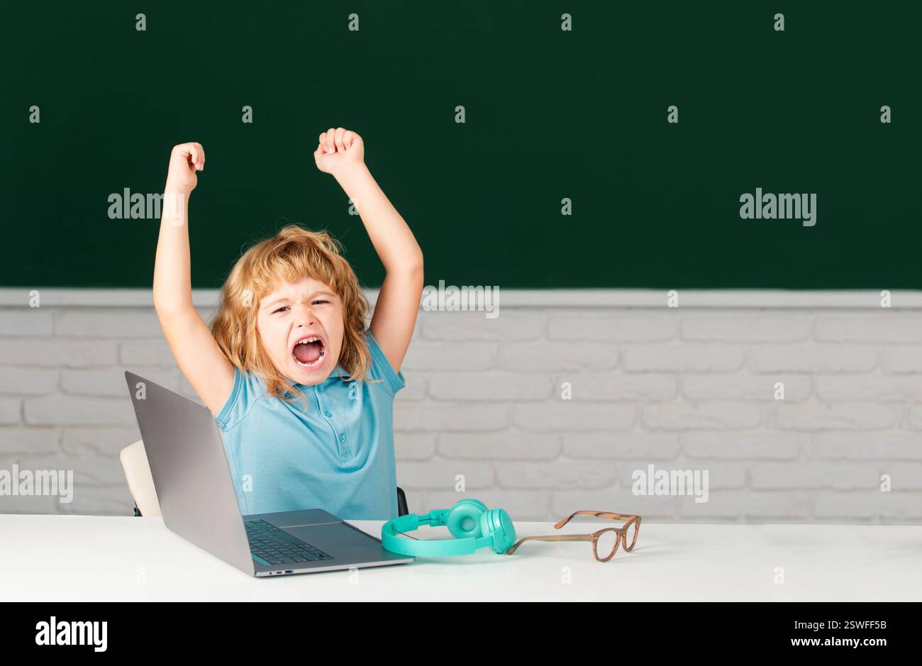 Elementary school kid angry and sad. Pupil screaming shouting in ...