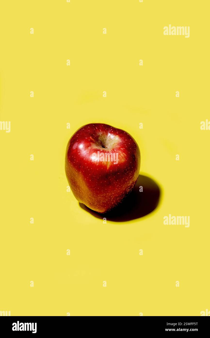 Fresh red apple with shadows on a bright solid yellow background ...
