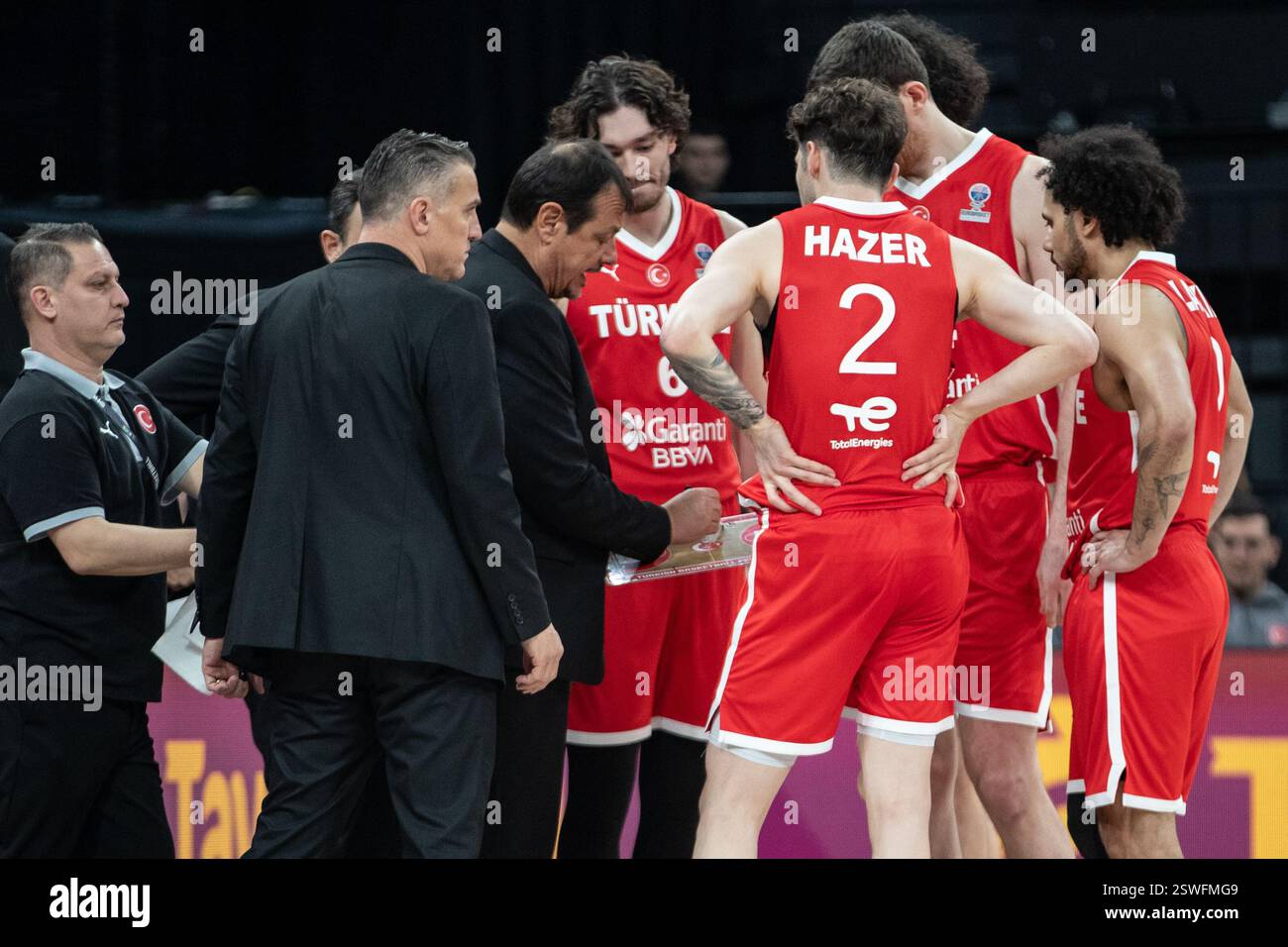 Head coach Ergin Ataman of Turkiye gives tactics to his team during the ...