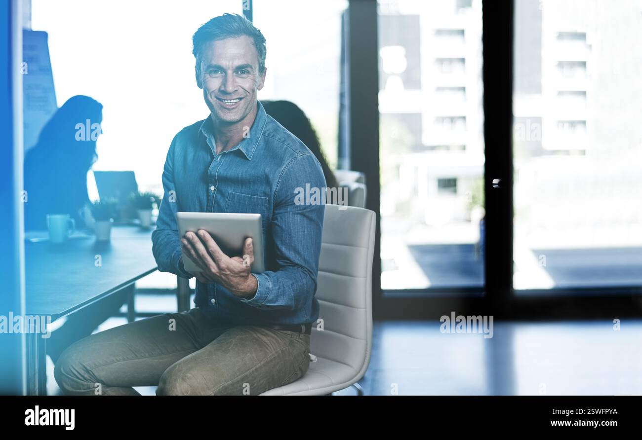 Portrait, smile and man with tablet, business and software developer ...