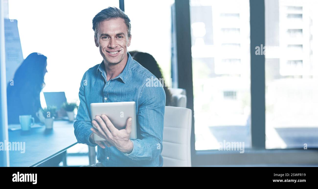 Portrait, confident and man with tablet, business and software ...