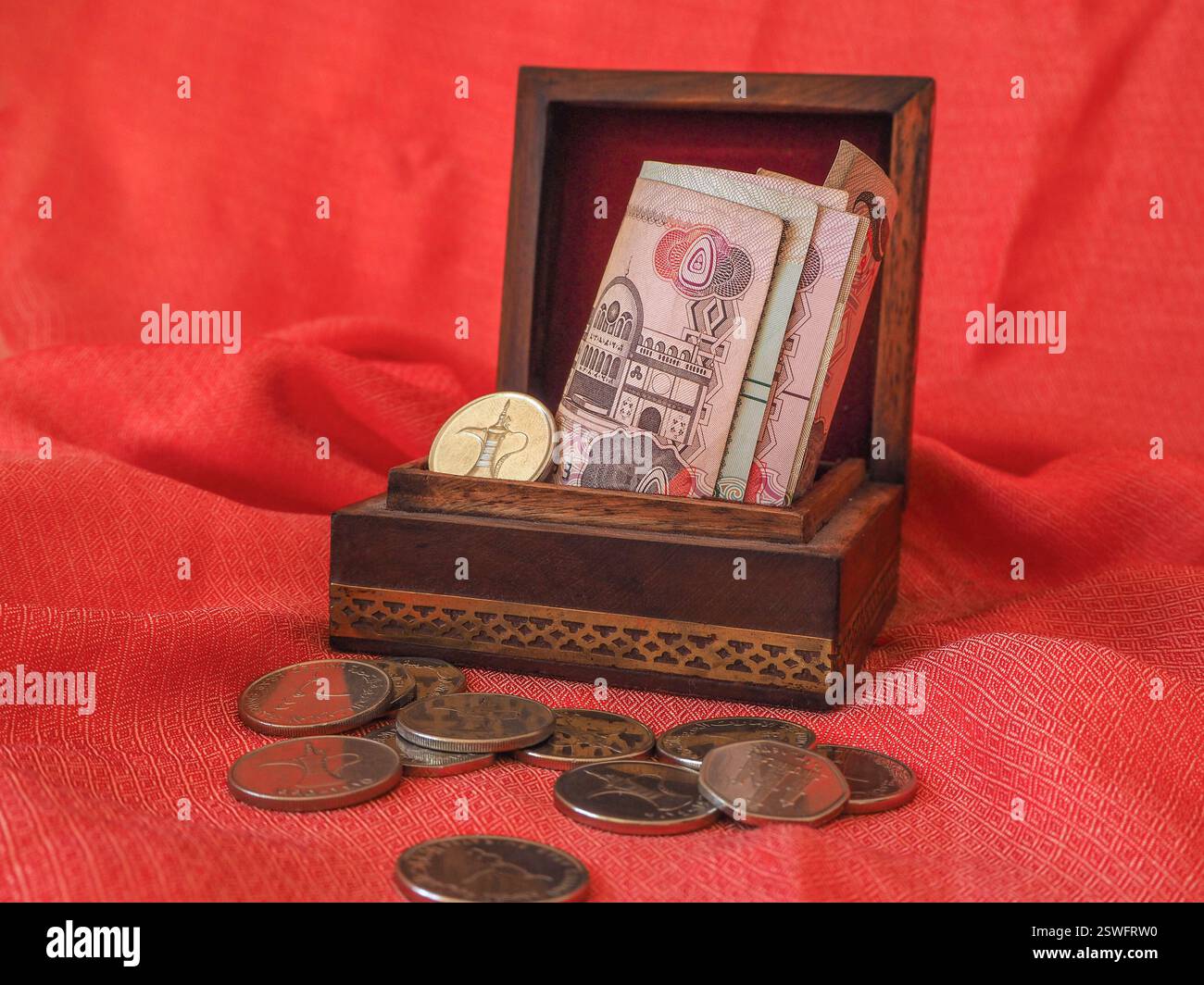 Arabic money dirham currency notes and coins. The money in the box ...