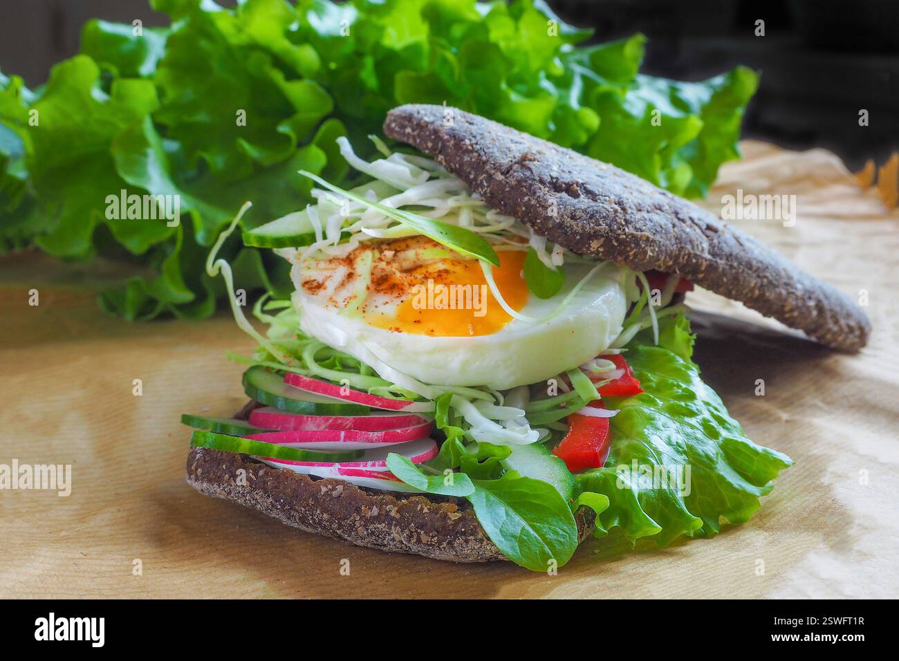 Open sandwiches with vegetables boiled egg and sprouts. Concept of ...