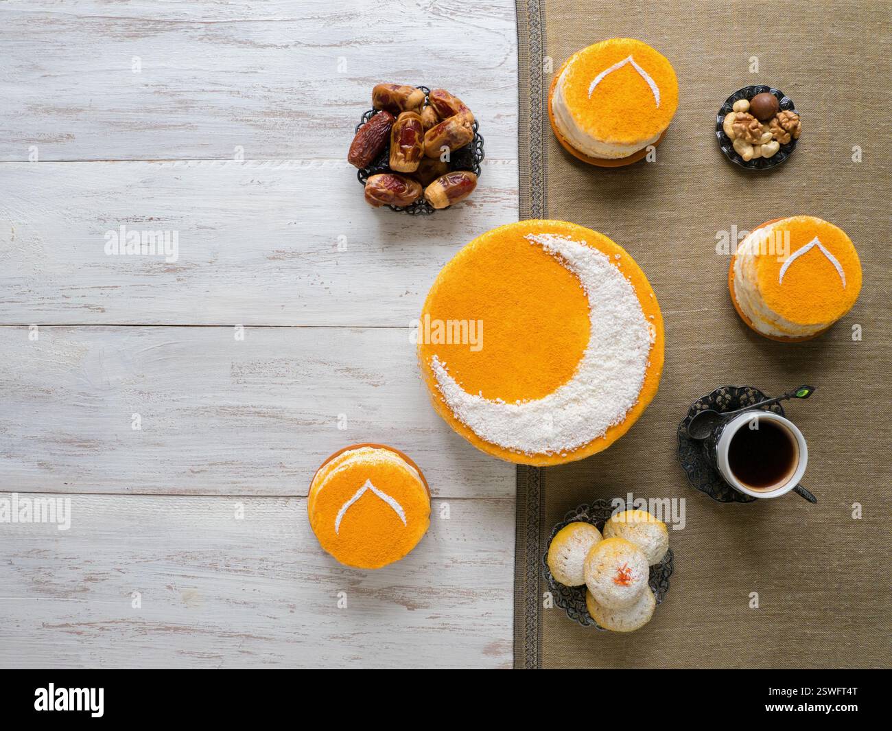 Homemade golden cake with a Crescent moon, served with black coffee and ...