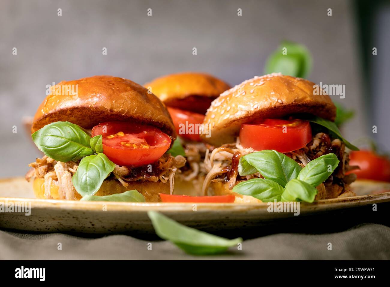 Set of homemade mini burgers with stew beef, tomatoes and basil on ...