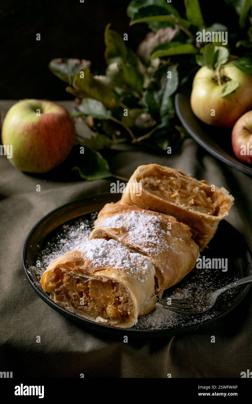 Homemade sliced traditional apple strudel pie and apples Stock Photo ...