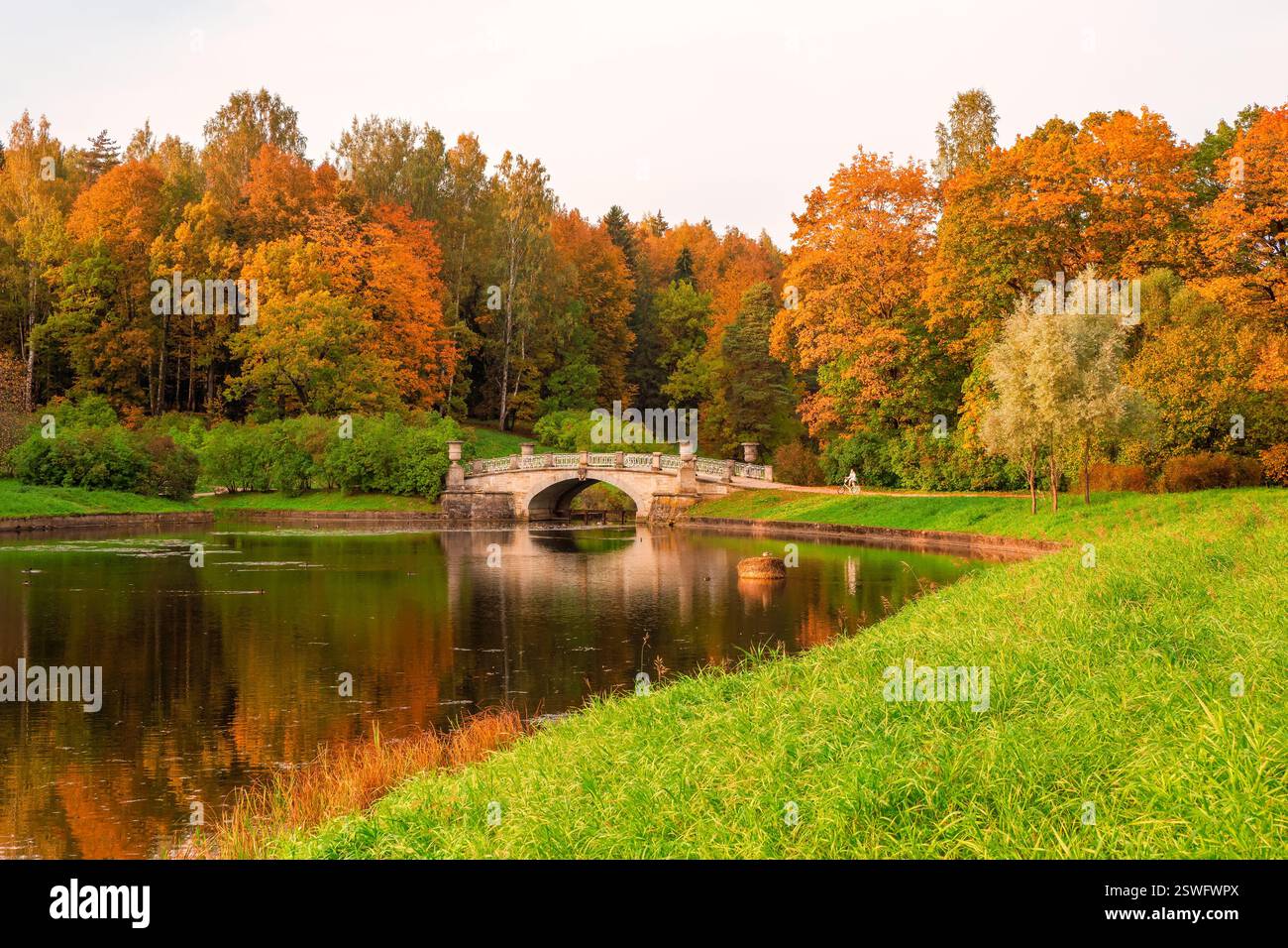 Pavlovsky Autumn Park. A cyclist on the trail. Slavyanka river in ...