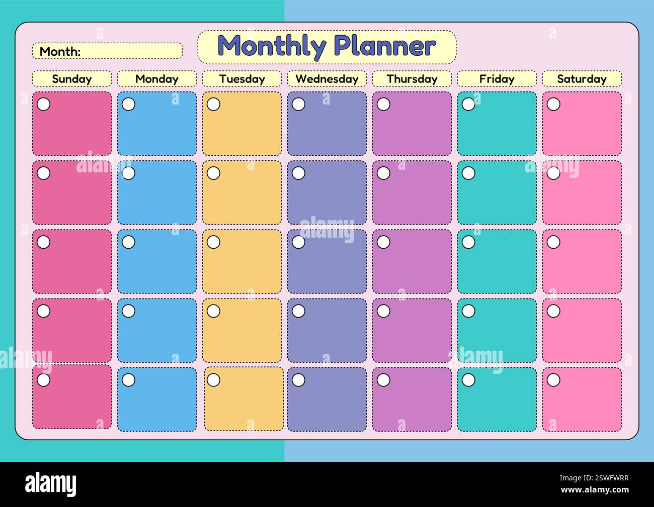 Vibrant monthly planner template with a blank calendar grid, weekdays ...