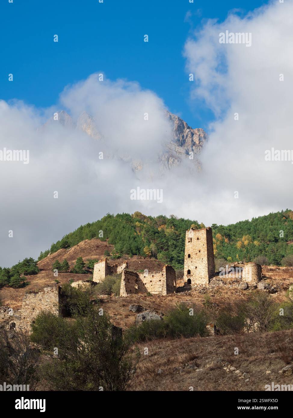 An ancient city on a rock. Medieval tower complex Egical, one of the ...
