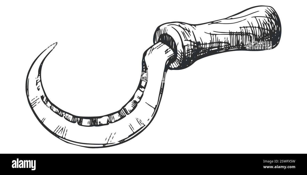 Linear ink drawing of sickle icon. Vector sickle for cutting herb ...