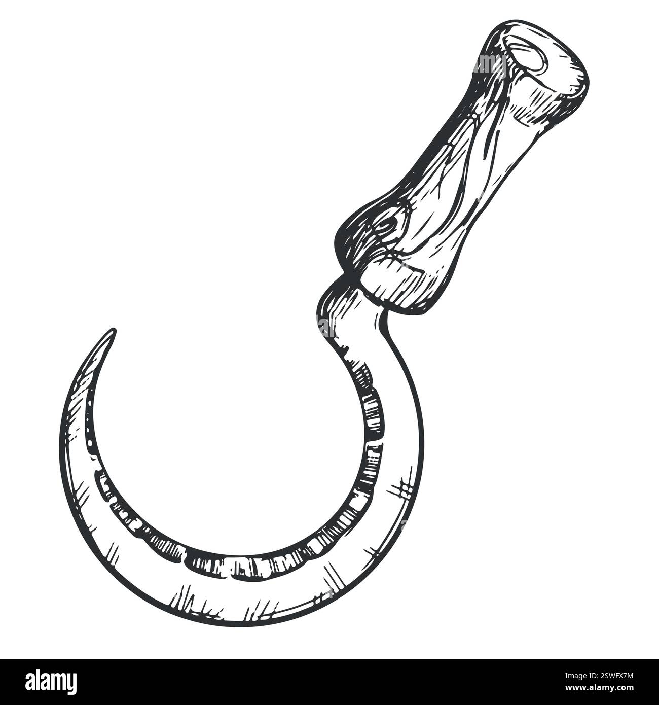 Linear ink drawing of sickle icon. Vector sickle for cutting herb ...