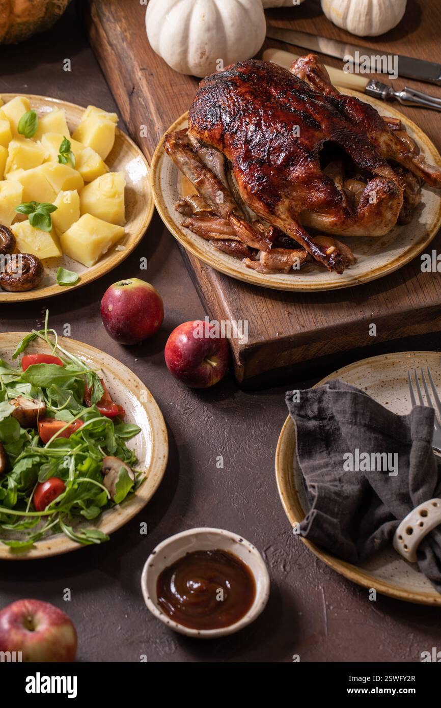 Classic dish roasted glazed duck with apples and garnish Stock Photo ...