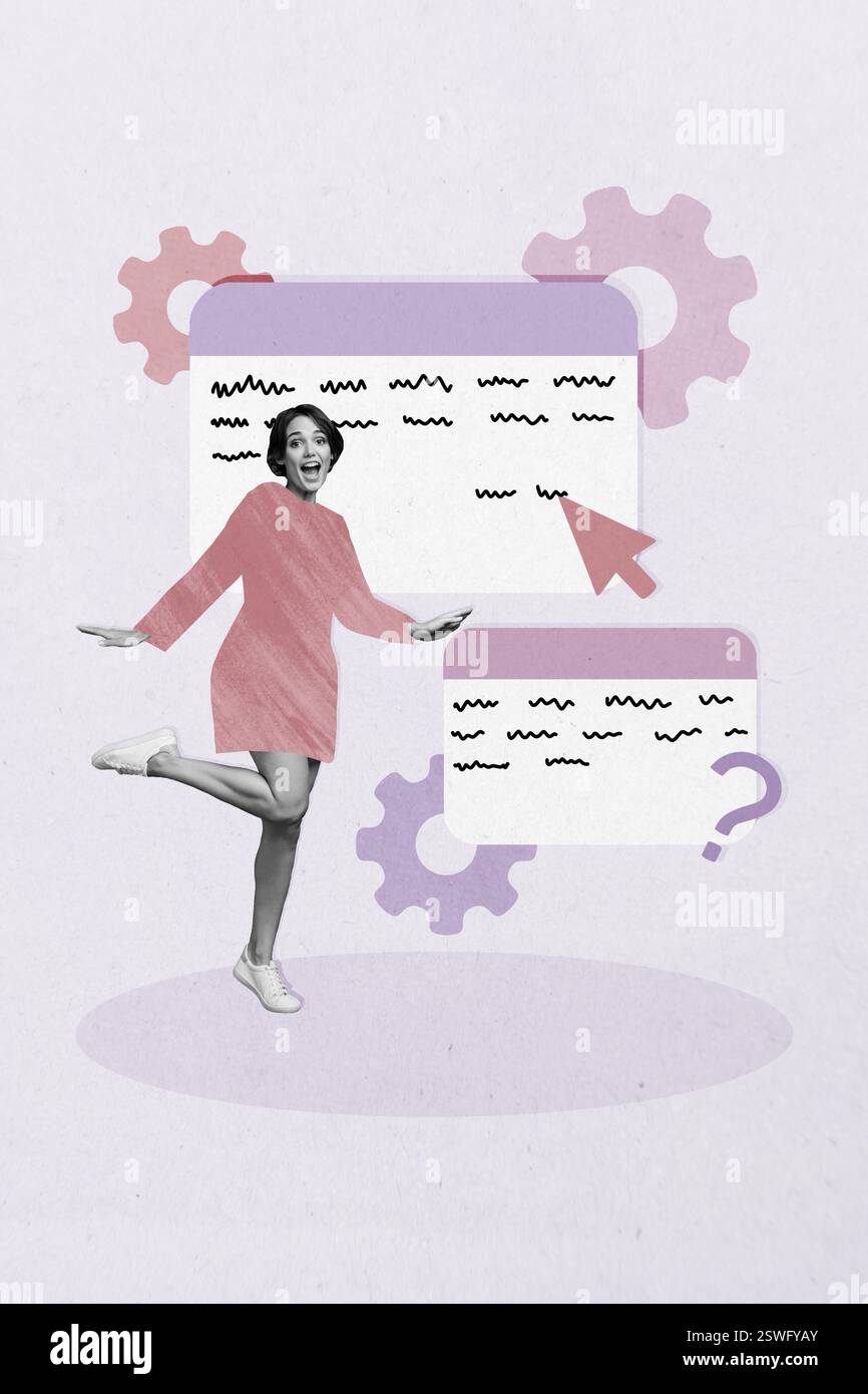 Creative 3D photo collage trend artwork template of young lady excited ...