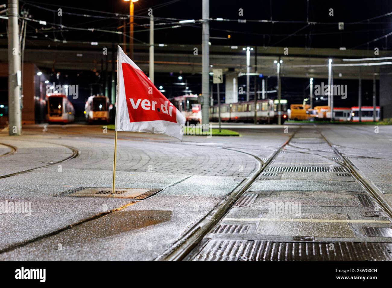 Duisburg, Germany. 21st Feb, 2025. A banner of the Verdi trade union at ...