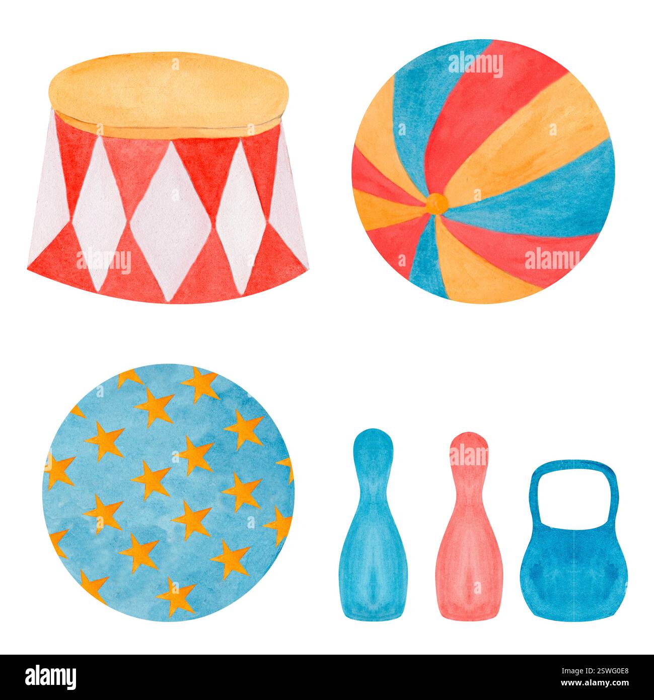 Cartoon set watercolor illustration skittles, circus stand, balls, and ...