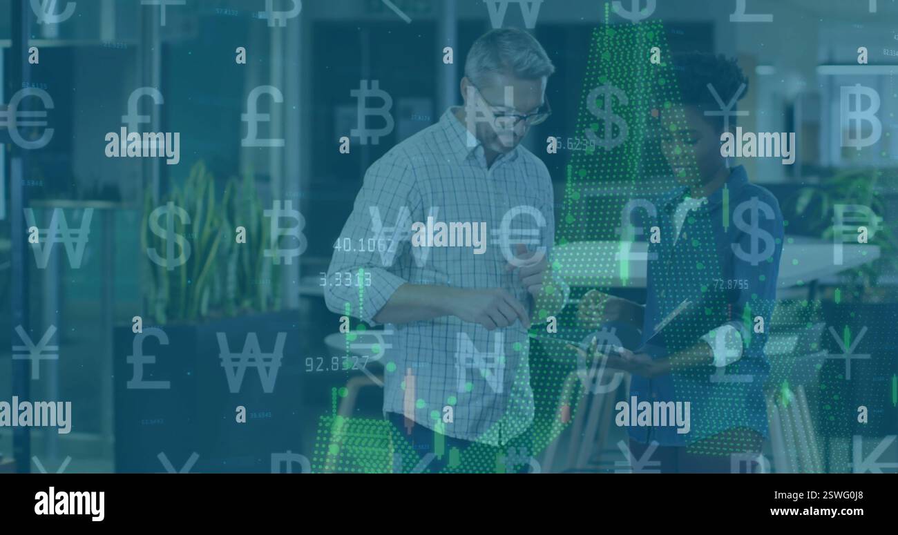 Image of currency symbols and data processing over diverse colleagues ...